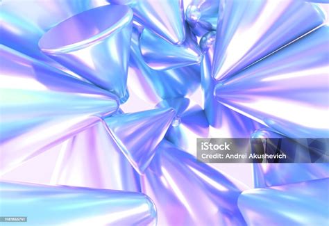네온 메탈 콘이 있는 3d 홀로그램 배경 그라데이션 텍스처가 움직이는 홀로그램 기하학적 모양 무지개 빛깔의 그림 무지개 빛깔의