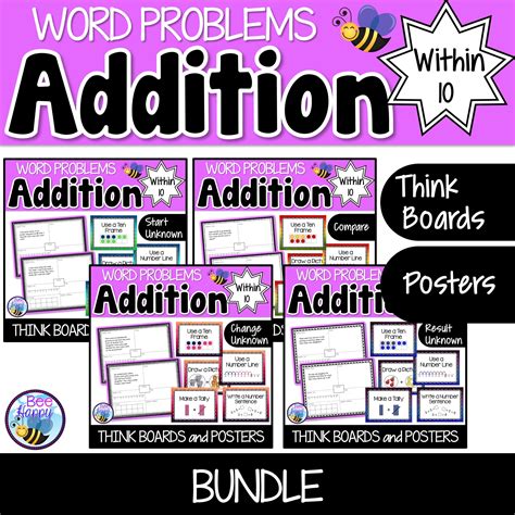 addition word problems sums within 10 think boards and posters bundle worksheets library