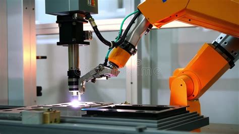 A Side View Of An Autonomous Robot Carefully Inspecting A Part For Quality Control Utilizing