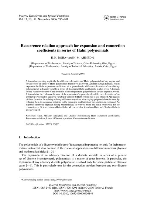 Pdf Recurrence Relation Approach For Expansion And Connection Coefficients In Series Of Hahn