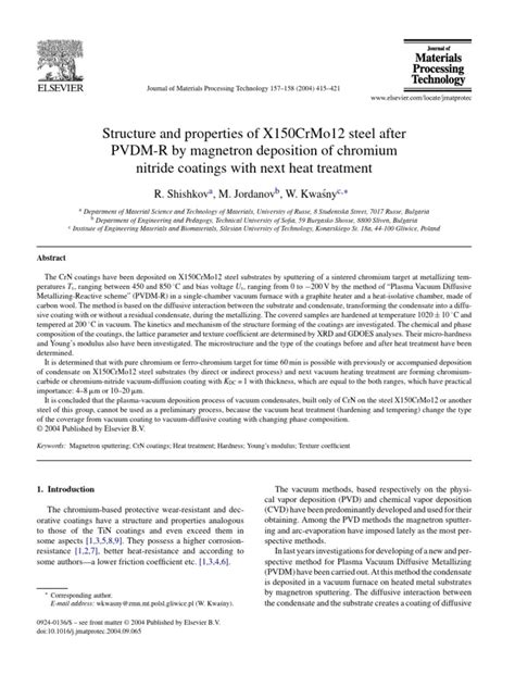 Structure And Properties Of X150crmo12 Steel After Pvdm R By Magnetron
