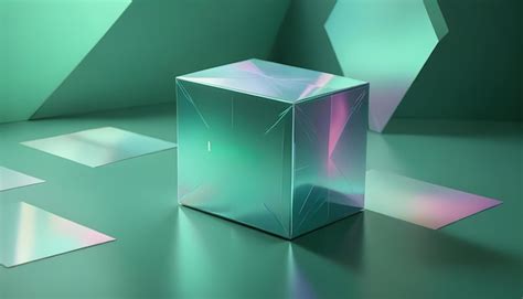 A Metallic Cube With Iridescent Reflections Sits On A Green Surface There Are Other Flat