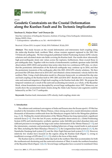 Pdf Geodetic Constraints On The Crustal Deformation Along The Kunlun