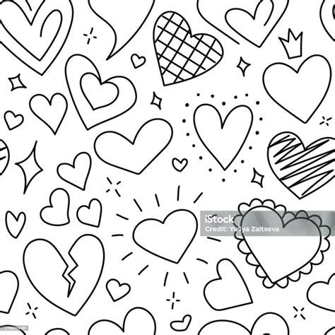 손으로 그린 하트가 있는 완벽 한 패턴 발렌타인 데이의 배경 와 Doodle Heart Shapes 벡터 일러스트 레이 션 2월에 대한 스톡 벡터 아트 및 기타 이미지