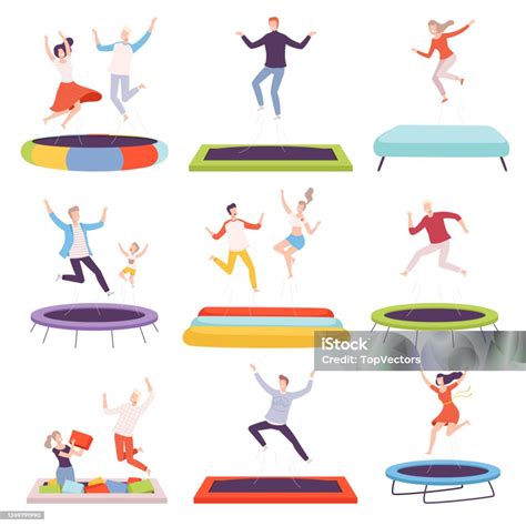 트램폴린 행복한 남자 여성 아이들이 함께 재미있게 지내고 활동적인 건강한 라이프스타일 플랫 스타일 벡터 일러스트레이션에 대한 사람들의 반응 남자에 대한 스톡 벡터 아트 및
