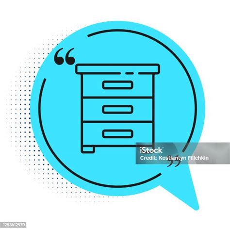 흰색 배경에 격리 된 문서 아이콘이있는 검은 색 줄 서랍 아카이브 서류 서랍 파일 캐비닛 서랍 사무용 가구 파란색 음성 버블 기호입니다 벡터 일러스트레이션 가구에 대한 스톡