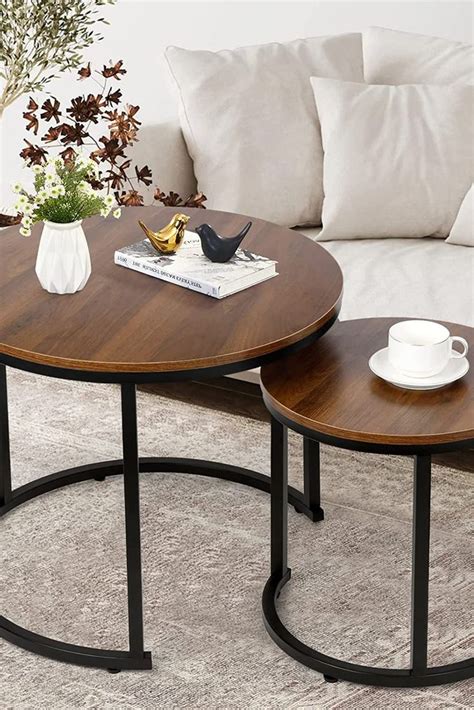 Vowner Coffee Tables For Living Room Small Round Set Of 2 Center Table With Solid Wood Grain