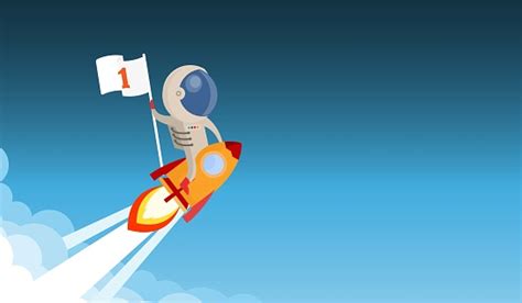 번호 하나를 들고는 로켓을 타고 우주 비행사에 의해 플래그 및 공간으로 클라우드를 통해 연기 평면 디자인입니다 벡터 일러스트입니다 로켓에 대한 스톡 벡터 아트 및 기타