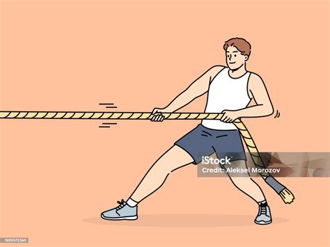 강한 남자는 스포츠 대회에 참가하거나 피트니스 클럽에서 훈련하는 동안 밧줄을 당긴다 일러스트레이션에 대한 스톡 벡터 아트 및