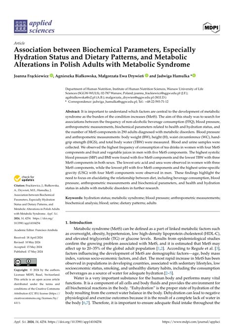 Pdf Association Between Biochemical Parameters Especially Hydration Status And Dietary