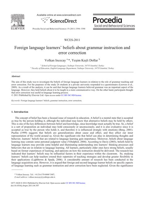 Pdf Foreign Language Learners Beliefs About Grammar Instruction And