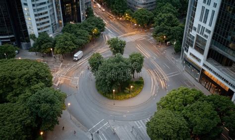 A Circular Intersection In An Urban Setting Is Framed By Lush Greenery And Surrounded By