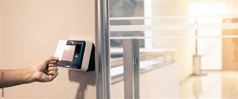 Proximity Card Reader Door Unlock Hand Security Man Using ID Card On Fingerprint Scanning