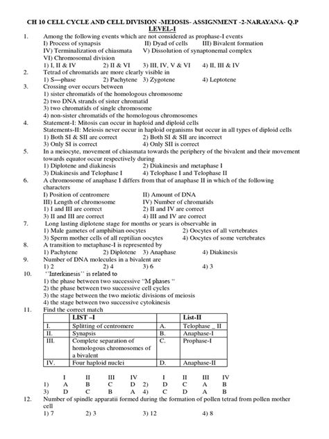 ch 10 cell cycle and cell division meiosis assignment 2 narayana q p