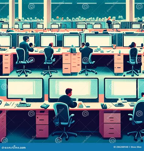 Blurred Image Of People Working In A Modern Office With Computers And Monitors Generative Ai