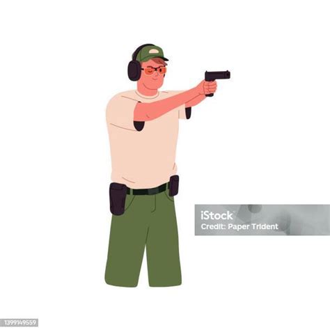 권총 총을 들고 목표물을 겨냥한 남자 사수 헤드폰과 권총을 손에 쏘고 총기로 목표를 가리키는 사람 흰색 배경에 격리된 플랫 벡터