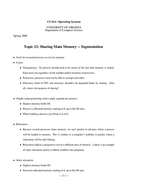 Sharing Main Memory Segmentation Operating Systems Cs 4414