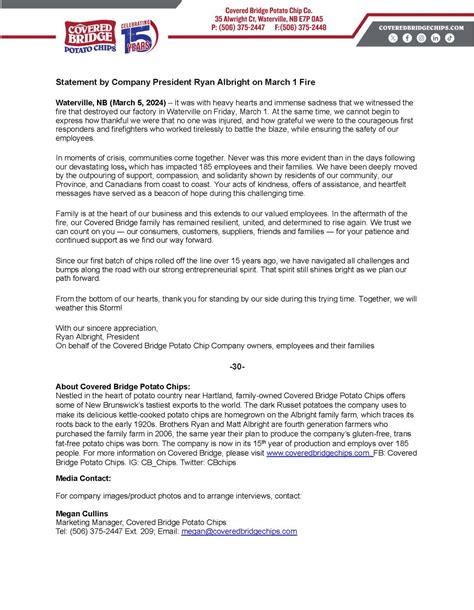 Covered Bridge Potato Chips President Releases Statement Following