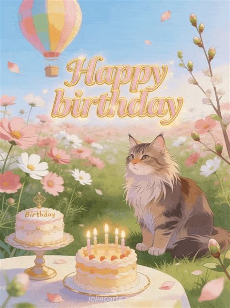 🎂 Happy Birthday With Maine Coon And Hot Air Balloon Free Animated