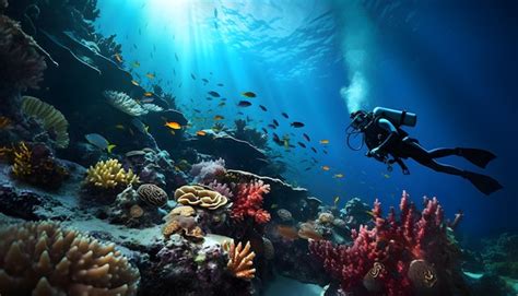 Premium Photo Ocean Underwater With Diver Exploring The Coral Reefs Generative Ai