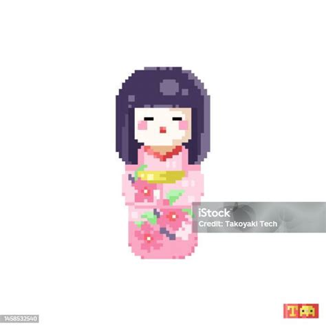 픽셀 아트 일본 코케시 인형 복고풍 게이머 스타일의 8비트 기모노 게이샤 인형 아이콘 픽셀 아트 귀여운 아이돌은 게임 인쇄 스티커 또는 십자수를 위한 꽃 기모노를 입고