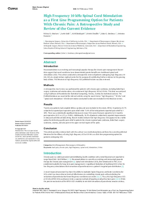 Pdf High Frequency 10 Khz Spinal Cord Stimulation As A First Line