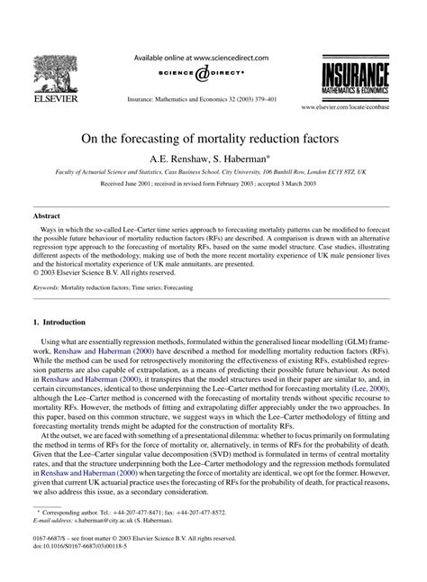 Pdf On The Forecasting Of Mortality Reduction Factors