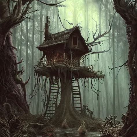 Dilapidated Broken Down Treehouse Tucked Within The Stable Diffusion