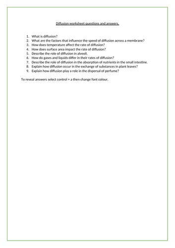 Diffusion Ks4 Worksheet Questions And Answers Teaching Resources