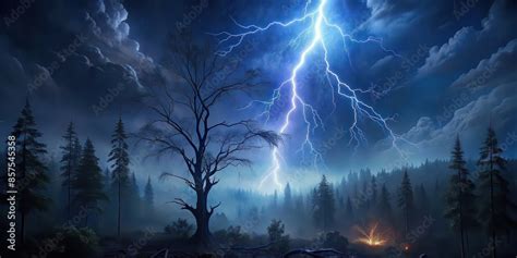 Lightning Struck Tree In A Forest During A Storm Nature Powerful Bolt Strike Thunder Tree