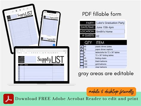 Supply List Template Fillable PDF Party Planning Printable Digital PDF Party Planning