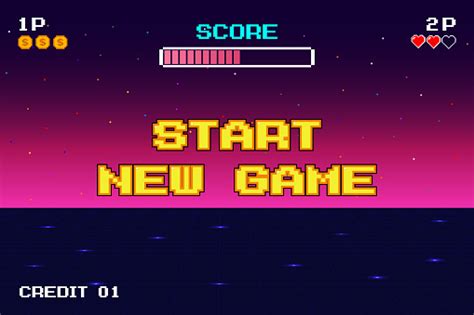 새 게임을 시작합니다 픽셀 아트 8 비트 게임 복고풍 게임 게임 자산의 경우 복고풍 미래파 공상 과학 배경 빛나는 네온 그리드 빈티지 아케이드 컴퓨터 게임의 스타 0명에