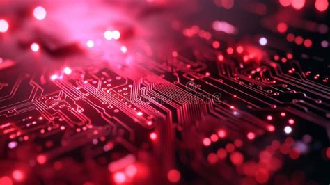 Detailed Close Up Of Futuristic Circuit Board Illuminated By Pink And Red Led Lights In A Night