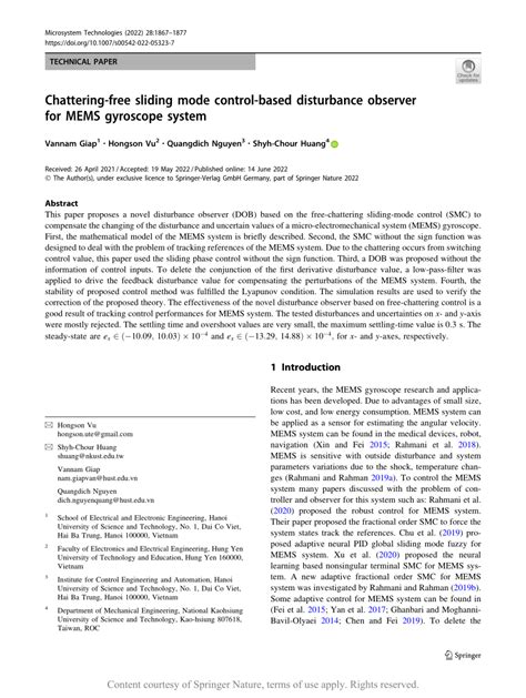 Chattering Free Sliding Mode Control Based Disturbance Observer For Mems Gyroscope System