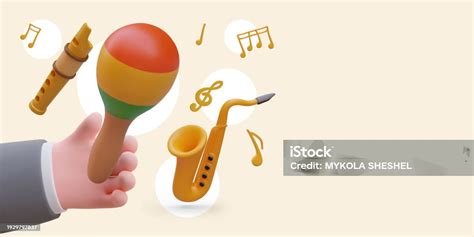 마라카스를 들고 3d 손 컬러 색소폰 플루트 다양한 음표 고음 음자리표 0명에 대한 스톡 벡터 아트 및 기타 이미지 0명 Performing Arts Event 개념