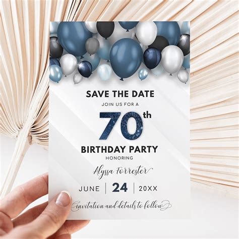 Editable Save The Date Template Birthday Announcement Blue And White With Balloons Digital