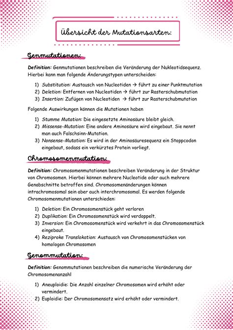Übersicht Der Mutationsarten Unterrichtsmaterial Im Fach Biologie