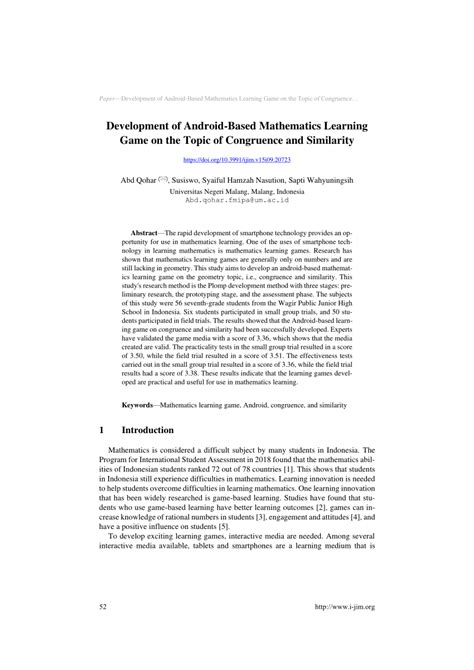 Pdf Development Of Android Based Mathematics Learning Game On The