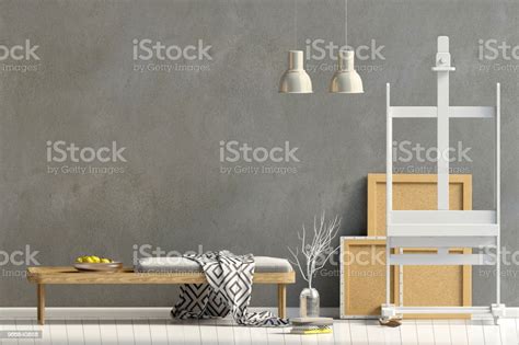 벤치와 함께 스 칸디 나 비아 스타일에서 현대적인 인테리어 디자인입니다 벽을 비웃는 다 3d 그림입니다 0명에 대한 스톡 사진 및 기타 이미지 Istock