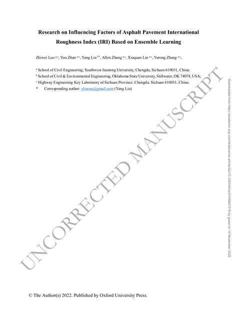 Pdf Research On Influencing Factors Of Asphalt Pavement International Roughness Index Iri