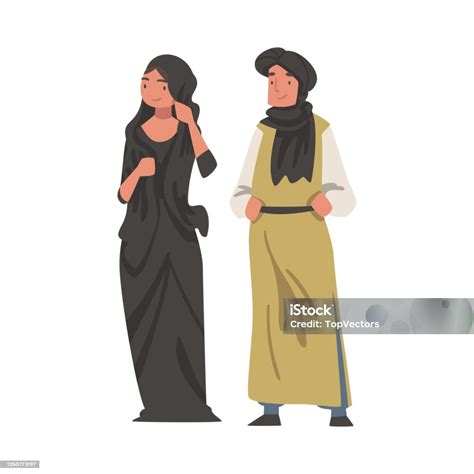 아랍 남자와 여자 서 서 전통적인 무슬림 드레스 와 긴 흐르는 의류 벡터 일러스트 아라비아에 대한 스톡 벡터 아트 및 기타 이미지 아라비아 중동 민족 개념 Istock