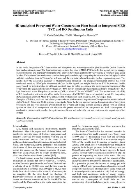 Pdf 4e Analysis Of Power And Water Cogeneration Plant Based On Integrated Med Tvc And Ro