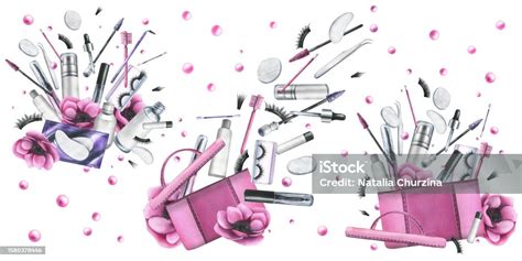 아네모네 꽃과 다양한 장식 및 스킨 케어 화장품이 있는 핑크 화장품 가방 수채화 그림 손으로 그린 흰색 배경에 고립된 구성의 집합 0명에 대한 스톡 벡터 아트 및 기타
