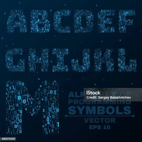 Alfabet Dari Simbol Kode Program Pemrograman Dalam Desain Huruf Bersinar Berwarna Biru Ilustrasi