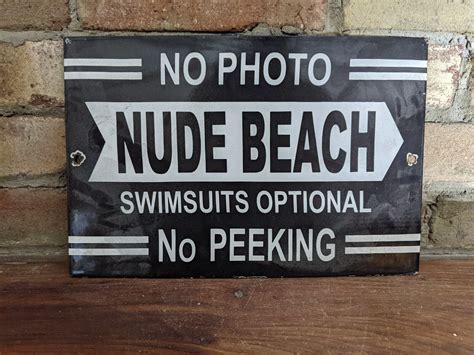 Vintage Nude Beach No Photo Or Peeking Porcelain Ocean Beach Sign 12