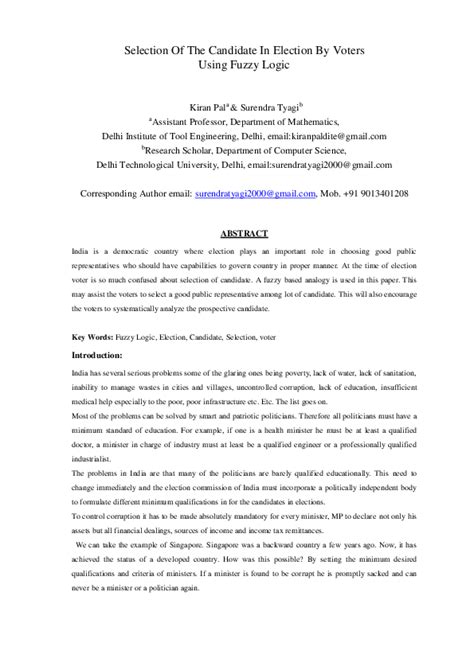 Pdf Selection Of The Candidate In Election By Voters Using Fuzzy Logic