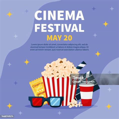 벡터 사각형 템플릿 영화 영화제 포스터 카드입니다 팝콘 바구니 티켓 클래퍼 보라색 배경에 3d 안경 이벤트 전단지 또는 브로셔 0명에 대한 스톡 벡터 아트 및 기타 이미지