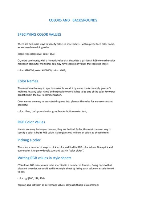 Colors And Backgrounds Colors And Backgrounds Specifying Color Values