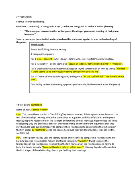 3rd Year English Scaffolding Sample Answer Pdf Poetry Scaffolding