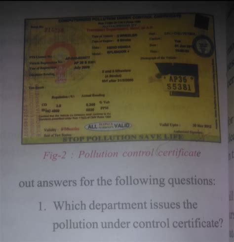 Fig 2 Pollution Control Certificateout Answers For The Following Quest
